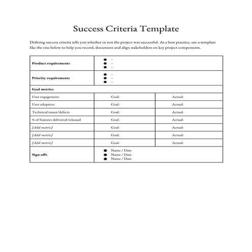 Success Criteria Template Free -Project Objectives | DOCX