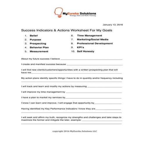 Success indicators for Goals Worksheet | PDF