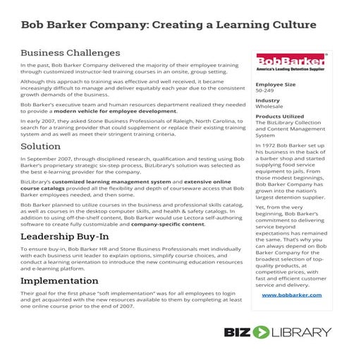 Bob Barker: Creating a Learning Culture [Case Study] | PDF