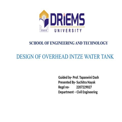 civil engineering project masters design of overhead water tank | PPTX