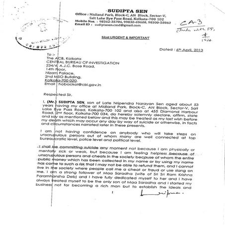 Sudipta sen-letter-to-cbi | PDF