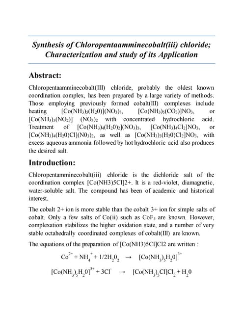 Synthesis of hexaammine cobalt (iii) chloride | PDF