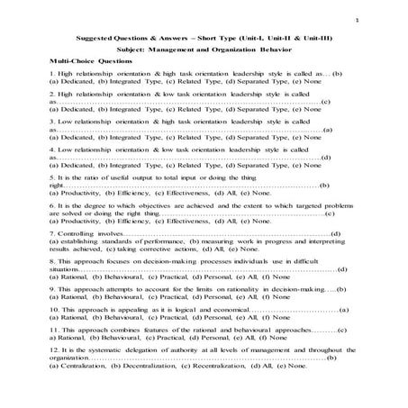 Questions & Answers MOB (Unit I, Unit II & Unit-III) by Dr. G C Mohanta ...