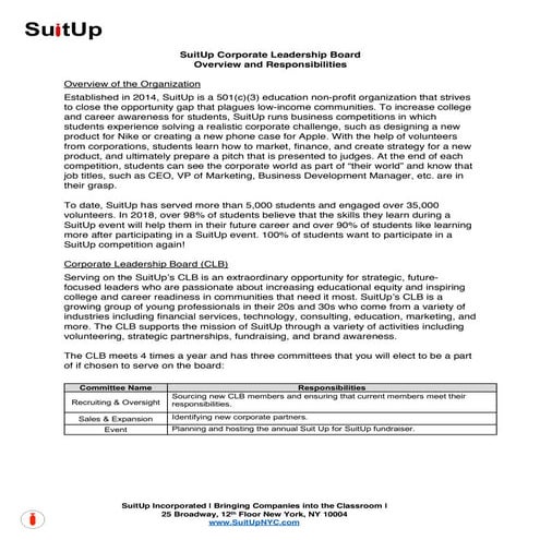 Suit up corporate leadership board overview and responsibilities | PDF