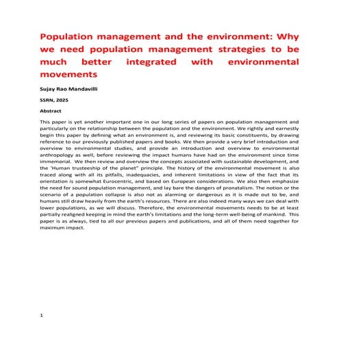 Sujay Rao Mandavilli population management and environmental movement ...