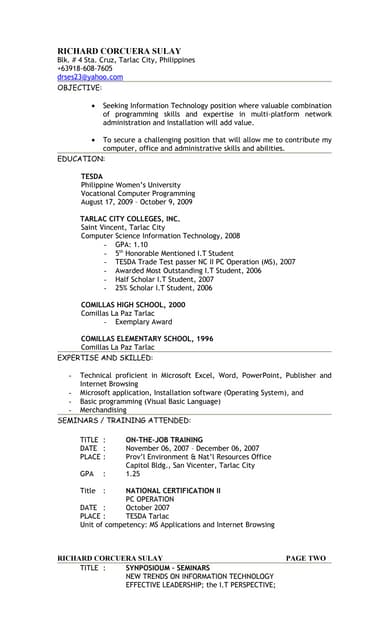 Sample Resume for OJT | DOCX | Resume Writing and Advice | Job Search
