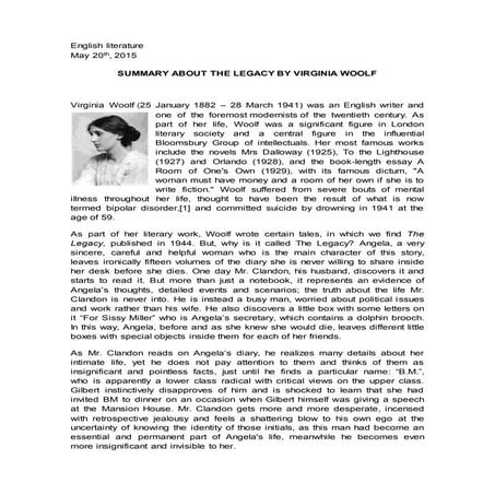 SUMMARY ABOUT THE LEGACY BY VIRGINIA WOOLF | DOCX