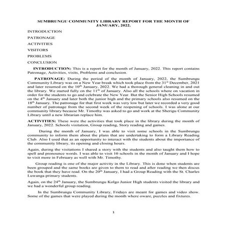 Sumbrungu community library report for the month of january,2022 | PDF