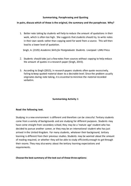 Summarising, paraphrasing and quoting worksheet | PDF Summarising, paraphrasing and quoting worksheet | PDF