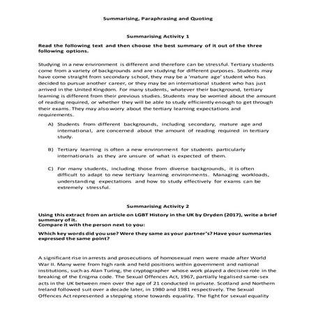Summarising, paraphrasing and quoting worksheet | DOCX