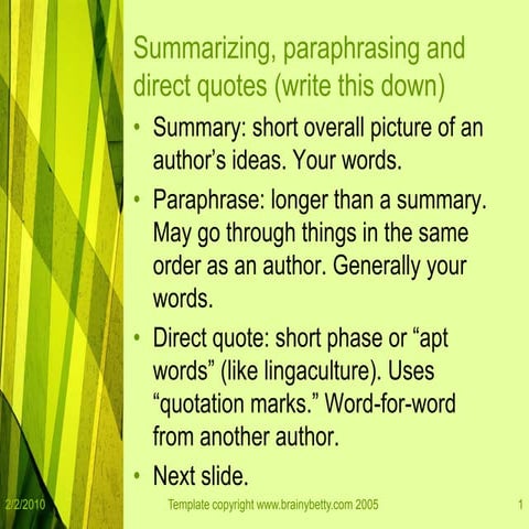 Paraphrasing Quotes Summary | PPT