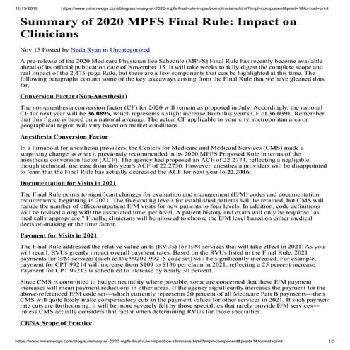 Summary of 2020 MPFS Final Rule | PDF