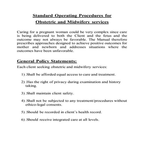 Standard Operating Procedures for Obstetric and Midwifery services | DOCX