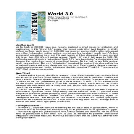 Summary - World 3.0 - Global Prosperity and How to Achieve It | PDF