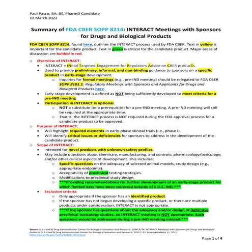 Summary of FDA CBER SOPP 8214: INTERACT Meetings | PDF
