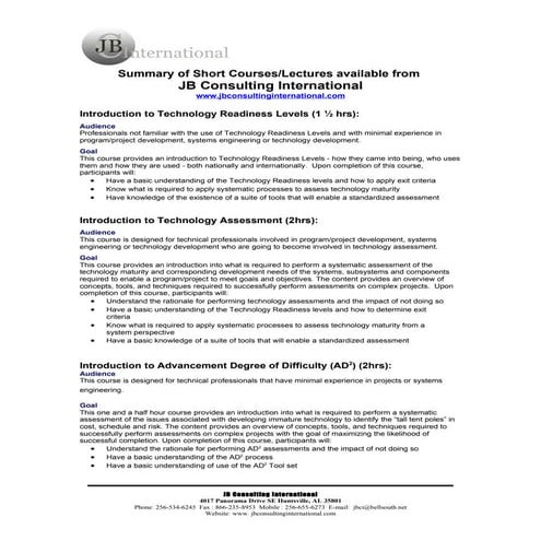 Summary Of Short Courses | DOC