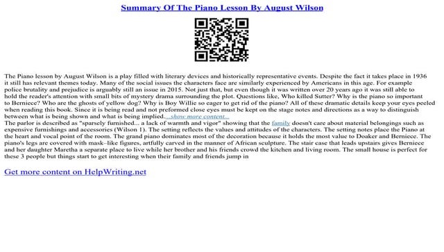 Piano Lesson August Wilson Summary