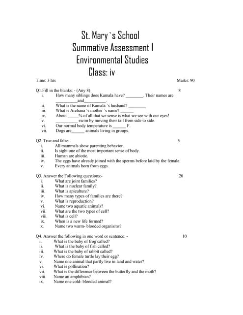 Class 1 ICSE EVS Sample Paper Model 1 | PDF