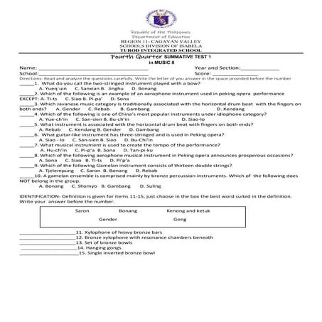 SUMMATIVE EXAMINATION IN MUSIC 8 SY 2023 | DOCX