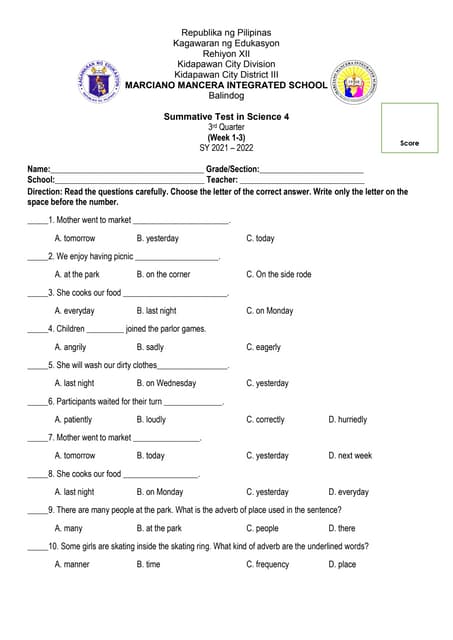 MFLC Nursery 2nd Quarter Test | PDF