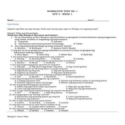 SUMMATIVE TEST NO. 1 QUARTER ONE IN EPP4 | DOCX