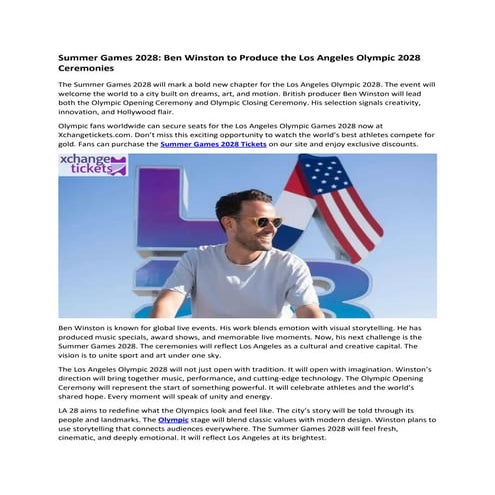 Summer Games 2028 Ben Winston to Produce the Los Angeles Olympic 2028 ...