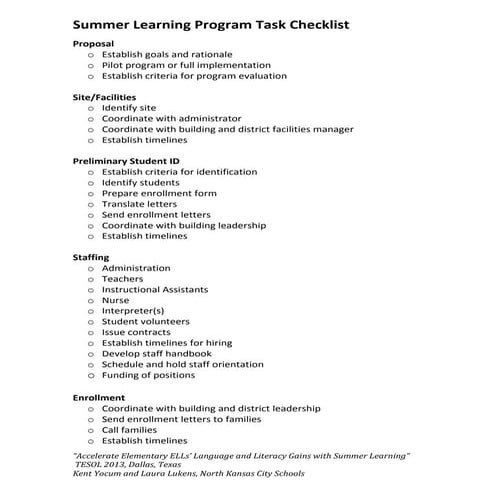 Summer learning program task checklist | PDF