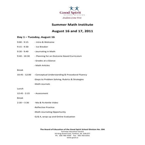 Summer Math Institute agenda 2011 | PDF