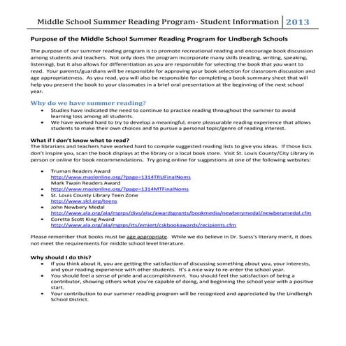 Middle School Summer Reading program Information 2013 | PDF