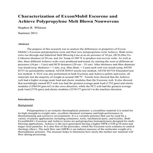 Characterization of Exxon Mobil Escorene and Achieve Polypropylene Melt ...