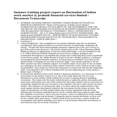 Summer training project report on fluctuation of indian stock market | DOCX