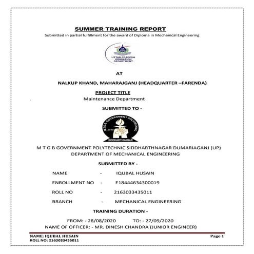 Summer training report submitted in partial fulfillment for the award ...