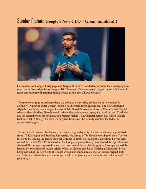 CEO of Google, Sunder Pichai's biography | PPTX | Search | Internet