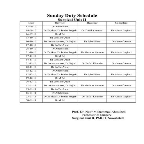 Sunday duty schedule | DOC