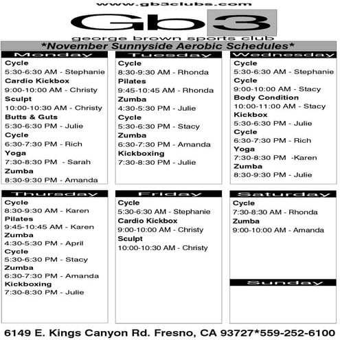 Gb3 Sunnyside Aerobic Schedule | PDF | Running and Jogging | Fitness and Exercise