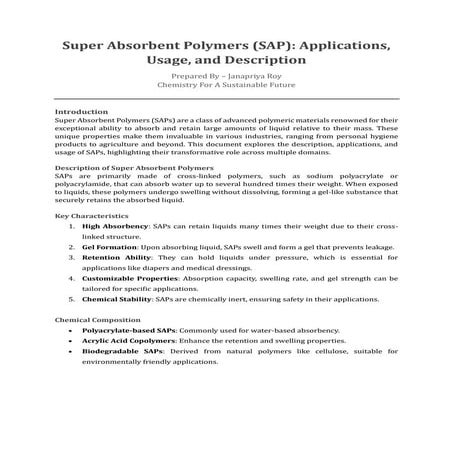 Super Absorbent Polymers (SAP): Applications, Usage, and Description | PDF