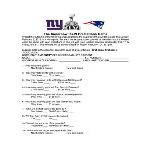 Superbowl predictions game 2012doc | DOC