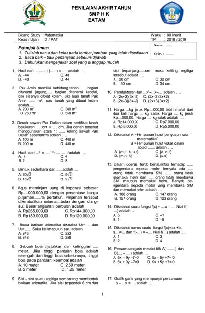 Latihan soal ujian nasional matematika sd | PDF