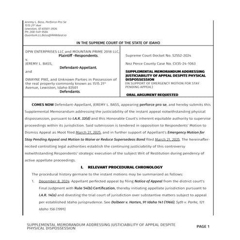 SUPPLEMENTAL MEMORANDUM ADDRESSING JUSTICIABILITY OF APPEAL DESPITE ...