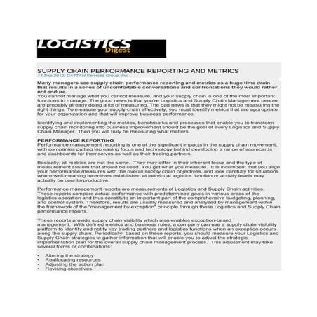 Supply chain performance reporting and metrics -logistics digest 091112 ...