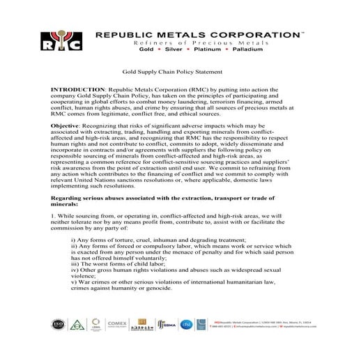 Republic Metals Corporation Gold Supply Chain Policy Statement | PDF