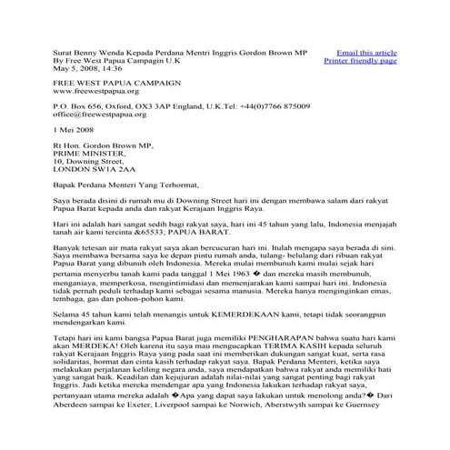 Surat benny wenda kepada perdana mentri inggris gordon brown mp | DOCX