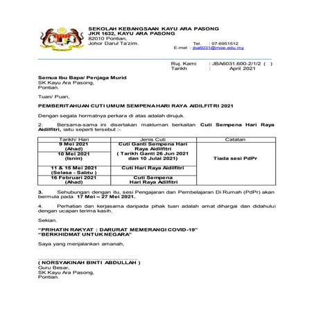 Surat cuti aidilfitri | DOCX