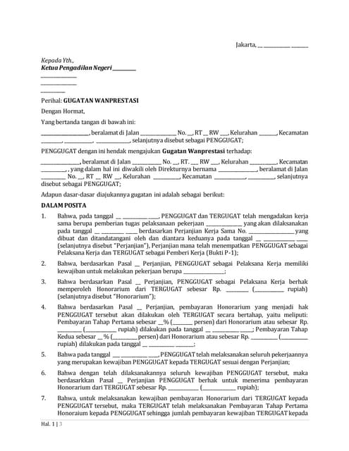 Contoh surat gugatan wanprestasi | DOC