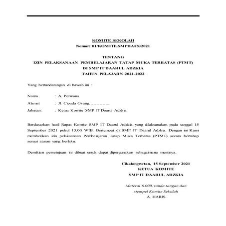 Surat izin ptmt yayasan | DOC