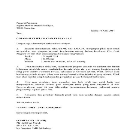 Surat jemputan ceramah keselamatan kepada bomba | DOCX