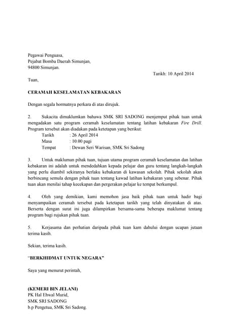 Kertas kerja surat latihan kebakaran-bersama-bomba | DOCX