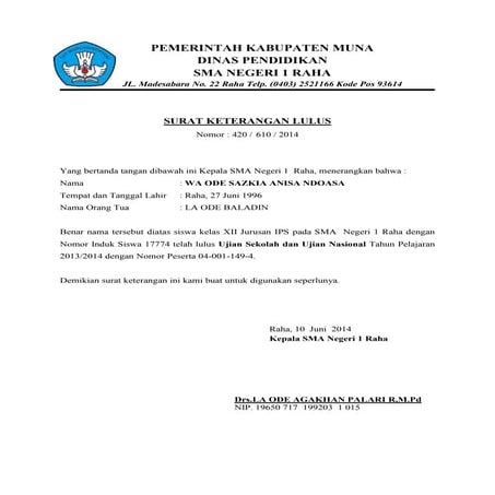 Surat keterangan lulus sma 1 raha | DOCX