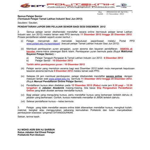 Surat lapor diri pelajar senior dis 2012 spmp | PDF