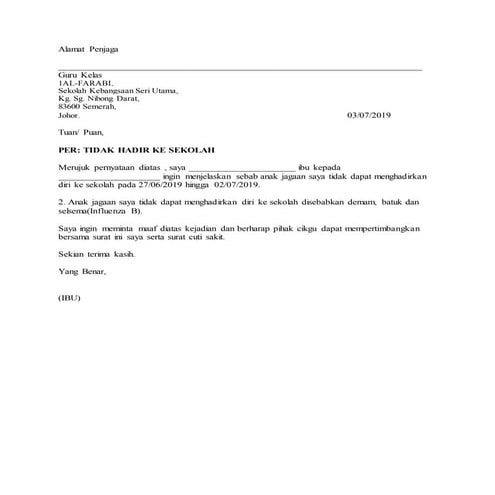 Surat maklum anak demam | DOCX